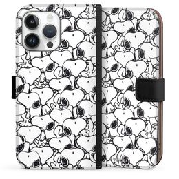 DeinDesign iPhone 14 Pro Max Handy Klapph&uuml;lle Handyh&uuml;lle aus Kunst Leder schwarz Flip Case Peanuts Snoopy Muster Sideflip mit Lasche