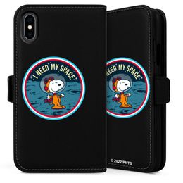 DeinDesign iPhone Xs Handy Klapph&uuml;lle Handyh&uuml;lle aus Kunst Leder schwarz Flip Case Peanuts Snoopy Weltall Sideflip mit langer Lasche