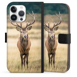 DeinDesign iPhone 14 Pro Max Handy Klapph&uuml;lle Handyh&uuml;lle aus Kunst Leder schwarz Flip Case Forrest Deer Meadow Sideflip mit Lasche