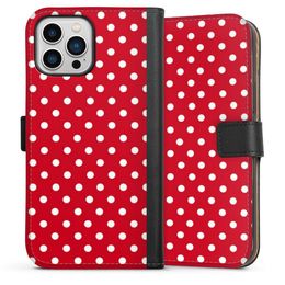 DeinDesign iPhone 13 Pro Max Handy Klapph&uuml;lle Handyh&uuml;lle aus Kunst Leder schwarz Flip Case Points Polka Dots Retro Sideflip mit langer Lasche