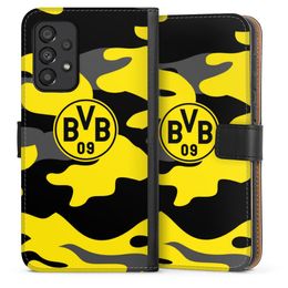 DeinDesign Galaxy A33 5G Handy Klapph&uuml;lle Handyh&uuml;lle aus Kunst Leder schwarz Flip Case Merchandise Bvb Borussia Dortmund Sideflip mit langer Lasche