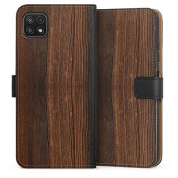 DeinDesign Galaxy A22 5G Handy Klapph&uuml;lle Handyh&uuml;lle aus Kunst Leder schwarz Flip Case Nut Tree Wood Wooden Look Sideflip mit langer Lasche
