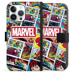 DeinDesign iPhone 14 Pro Max Handy Klapph&uuml;lle Handyh&uuml;lle aus Kunst Leder schwarz Flip Case Muster Comic Marvel Sideflip mit Lasche