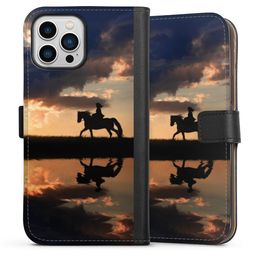 DeinDesign iPhone 13 Pro Max Handy Klapph&uuml;lle Handyh&uuml;lle aus Kunst Leder schwarz Flip Case Sunset Horseback Riding Horse Sideflip mit langer Lasche