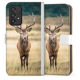 DeinDesign Galaxy A33 5G Handy Klapph&uuml;lle Handyh&uuml;lle aus Kunst Leder wei&szlig; Flip Case Forrest Meadow Deer Sideflip mit Lasche