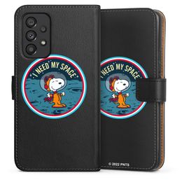 DeinDesign Galaxy A53 5G Handy Klapph&uuml;lle Handyh&uuml;lle aus Kunst Leder schwarz Flip Case Peanuts Snoopy Weltall Sideflip mit langer Lasche