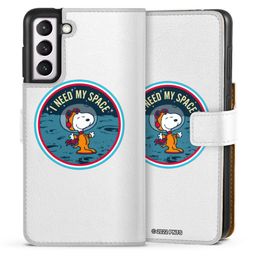 DeinDesign Galaxy S21 5G Handy Klapph&uuml;lle Handyh&uuml;lle aus Kunst Leder wei&szlig; Flip Case Peanuts Weltall Snoopy Sideflip mit Lasche