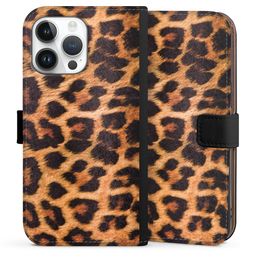 DeinDesign iPhone 14 Pro Max Handy Klapph&uuml;lle Handyh&uuml;lle aus Kunst Leder schwarz Flip Case Animal Print Leopard Fur Sideflip mit Lasche