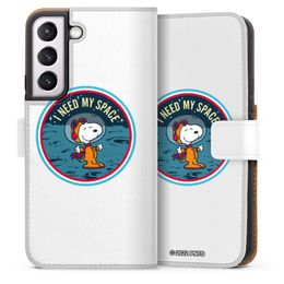DeinDesign Galaxy S22 Handy Klapph&uuml;lle Handyh&uuml;lle aus Kunst Leder wei&szlig; Flip Case Peanuts Weltall Snoopy Sideflip mit Lasche