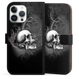 DeinDesign iPhone 14 Pro Max Handy Klapph&uuml;lle Handyh&uuml;lle aus Kunst Leder schwarz Flip Case Gothic Skull Skulls Sideflip mit Lasche