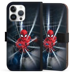DeinDesign iPhone 14 Pro Max Handy Klapph&uuml;lle Handyh&uuml;lle aus Kunst Leder schwarz Flip Case Kinofilm Marvel Spiderman Sideflip mit Lasche