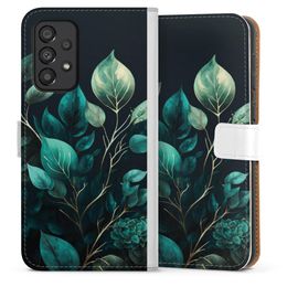 DeinDesign Galaxy A33 5G Handy Klapph&uuml;lle Handyh&uuml;lle aus Kunst Leder wei&szlig; Flip Case Leaves Eukalyptus Black Sideflip mit Lasche