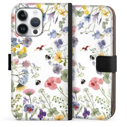 DeinDesign iPhone 14 Pro Max Handy Klapph&uuml;lle Handyh&uuml;lle aus Kunst Leder schwarz Flip Case Flowers Bee Muster Sideflip mit Lasche