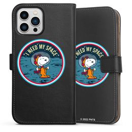 DeinDesign iPhone 13 Pro Max Handy Klapph&uuml;lle Handyh&uuml;lle aus Kunst Leder schwarz Flip Case Peanuts Snoopy Weltall Sideflip mit langer Lasche