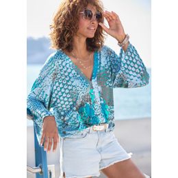 Buffalo Damen Fledermausshirt, blau bedruckt, Gr&ouml;&szlig;e 32/34