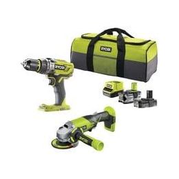 Ryobi ONE+ Akku Schlagbohrschrauber- / Winkelschleifer-Set R18PDAG-242S, 18Volt, Werkzeug-Set gr&uuml;n/schwarz, Li-Ionen Akku 2,0Ah + 4,0Ah, Werkzeugtasche
