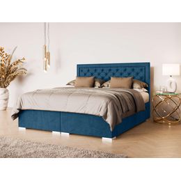 Polsterbett LEONIQUE "SACY mit Matratze und Topper, in 2 Breiten (160 und 180 cm)", blau (dunkelblau), B:182cm H:121cm L:209cm, 100% Polyester, Betten, Boxspringbett mit Kopfteil, Bettkasten, Matratze (BFK/TFK) und Topper