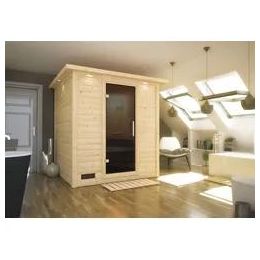 Sauna Karibu "Menja", beige (naturbelassen), ohne Ofen, (ohne Ofen), Saunen, ohne Ofen