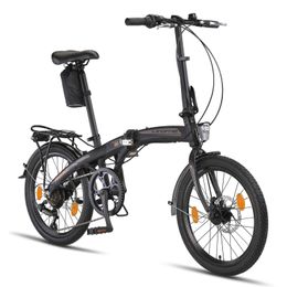 Licorne Bike Phoenix 2D, 20 Zoll Aluminium-Faltrad-Klapprad, Scheibenbremse, Discbremse, V-Bremse Faltfahrrad-Herren-Damen, 7 Gang Kettenschaltung - Folding City Bike, Alu-Rahmen, StVZO, Vorderlampe, Hinterlampe Farbe:Schwarz-Gold;Stil:Disc-Bremse