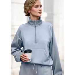 Langarmshirt Copenhagen Studios, Damen, Gr. 40/42, blau (hellblau), Sweatware, Obermaterial: 54% Modal, 40% Polyester, 6% Elasthan, unifarben, bequem h&uuml;ftlang, ohne Ausschnitt, elastischer Bund, Shirts Langarmshirt, aus hochwertigem Material mit Stehkragen und Rei&szlig;verschluss