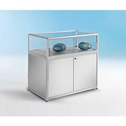 Tischvitrine BST, Brandschutzklasse B1, 1 Fach und 1 Staufach, abschließbare Schiebetüren, B 480 x T 600 x H 1020 mm, Aluminium/Glas/Metall, silber