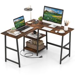 Costway Schreibtisch L-Form, Eckschreibtisch mit Steckdosen, USB-Anschlüssen & Ablageflächen, Computertisch, Bürotisch 120x120x75cm Rustikales Braun