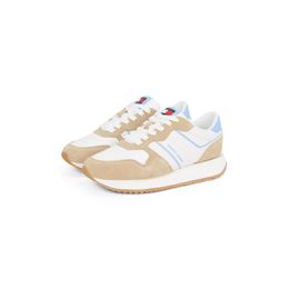 Plateausneaker Tommy Jeans "TJW EVA RUNNER LIGHT", Damen, Gr. 42, grau (taupe kombiniert), Lederimitat, Veloursleder, Sportlich, Schuhe, Freizeitschuh, Halbschuh, Schnürschuh mit Kontrastbesätzen
