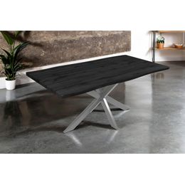 Esstisch 180x90 cm Baumkante Holz Grau-Optik Spider-Gestell Metall silber JOSY