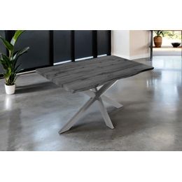 Esstisch 120x80 cm Baumkante Holz Grau-Optik Spider-Gestell Metall silber JOSY