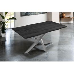 Esstisch 160x85 cm Baumkante Holz Grau-Optik Spider-Gestell Metall silber JOSY
