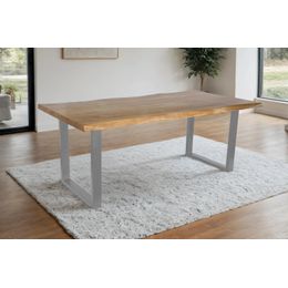 Esstisch Baumkante Akazie massiv 50mm Eichefarben 200 x 100 cm U-Gestell silber CALI