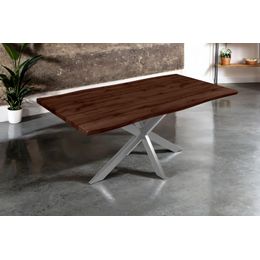 Esstisch 180x90 cm Baumkante Holz Nussbaum-Optik Spider-Gestell Metall silber JOSY