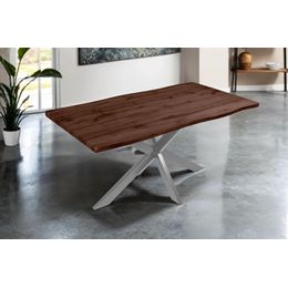Esstisch 160x85 cm Baumkante Holz Nussbaum-Optik Spider-Gestell Metall silber JOSY