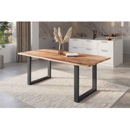 Baumkantentisch Akazie natur mit schwarzen Resin-Adern 220 x 100 cm U-Gestell schwarz POLLY