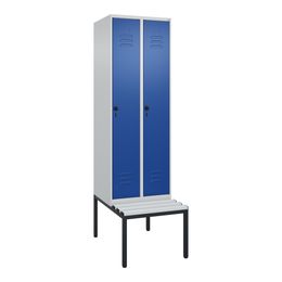 C+P Spind Classic PLUS, Bank, 2 Abteile, 2120x600x815mm, 7035/5010 Verschluss Sicherheits-Drehriegel 3 Garderobenhaken Dekor Banklatten RAL 7035 Lich (0800507-20|S10033)