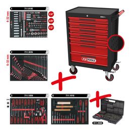 KS Tools Werkstattwagen ECOline aus Stahl mit 7 Schubladen und 515 Premium-Werkzeugen schwarz-rot, 8977515 (897.7515)