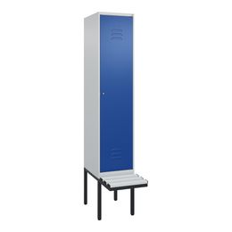 C+P Spind Classic PLUS, Bank, 1 Abteil, 2120x400x815mm, 7035/5010 Verschluss Zylinderschloss 4 Garderobenhaken Trennwand mittig Dekor Banklatten RAL 7 (0800407-12F|S10018)