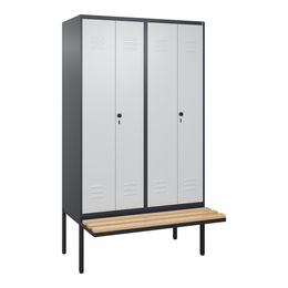 C+P Schwarz-Weiß-Spind Classic PLUS, Bank, 4 Abteile, 2120x1200x815mm, 7016/7035, Verschluss Sicherheits-Drehriegel, Sitzbanktyp auskragend, Material (0800427-40|S10013)
