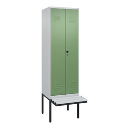C+P Schwarz-Wei&szlig;-Spind Classic PLUS, Bank, 2 Abteile, 2120x600x815mm, 7035/6011, Verschluss Sicherheits-Drehriegel, Sitzbanktyp auskragend, Material S (0800427-20|S10036)