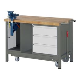 STIER Werkbank Premium mit abs. Fahrgestell, 3 Schubladen und Schraubstock BxTxH 1250x700x880mm (904814)