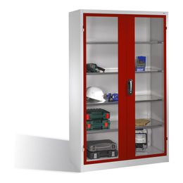 C+P Werkzeugschrank mit Sichtfenster-Drehtüren, innen 4 Böden, H1950xB1200xT500mm Front Rubinrot Korpus Lichtgrau ; C + P Möbelsysteme (8931-055|S10189)