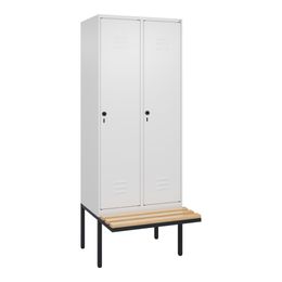 C+P Spind Classic PLUS, Bank, 2 Abteile, 2120x800x815mm, 9016/9016 Verschluss Sicherheits-Drehriegel 4 Garderobenhaken Trennwand mittig Sitzbanktyp a (0800407-22F|S10014)