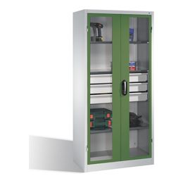 C+P Werkzeugschrank, Sichtfenster-Dreht&uuml;ren, 3 B&ouml;den, 3 Sch&uuml;be, H1950xB930xT500mm Front Resedagr&uuml;n Korpus Lichtgrau ; C + P M&ouml;belsysteme (8921-5530|S10090)