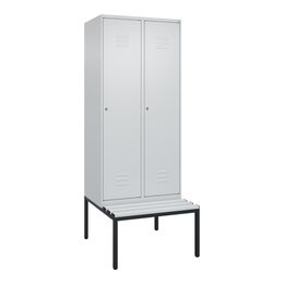 C+P Spind Classic PLUS, Bank, 2 Abteile, 2120x800x815mm, 7035/7035 Verschluss Zylinderschloss 4 Garderobenhaken Trennwand mittig Dekor Banklatten RAL (0800507-22F|S10024)