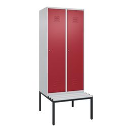 C+P Spind Classic PLUS, Bank, 2 Abteile, 2120x800x815mm, 7035/3003 Verschluss Zylinderschloss 4 Garderobenhaken Trennwand mittig Dekor Banklatten RAL (0800507-22F|S10016)