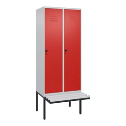 C+P Spind Classic PLUS, Bank, 2 Abteile, 2120x800x815mm, 7035/3020 Verschluss Sicherheits-Drehriegel 4 Garderobenhaken Dekor Banklatten RAL 7035 Lich (0800407-22|S10032)