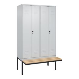 C+P Schwarz-Weiß-Spind Classic PLUS, Bank, 4 Abteile, 2120x1200x815mm, 7035/7035, Verschluss Sicherheits-Drehriegel, Sitzbanktyp auskragend, Material (0800427-40|S10009)
