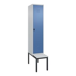C+P Spind Classic PLUS, Bank, 1 Abteil, 2120x400x815mm, 7035/5023 Verschluss Sicherheits-Drehriegel 4 Garderobenhaken Dekor Banklatten RAL 7035 Licht (0800507-12|S10035)