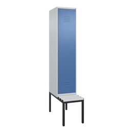 C+P Spind Classic PLUS, Bank, 1 Abteil, 2120x400x815mm, 7035/5023 Verschluss Zylinderschloss 4 Garderobenhaken Dekor Banklatten RAL 7035 Lichtgrau Si (0800507-12|S10020)