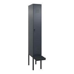 C+P Spind Classic PLUS, Bank, 1 Abteil, 2120x300x815mm, 7016/7016 Verschluss Sicherheits-Drehriegel 3 Garderobenhaken Dekor Banklatten RAL 7021 Schwa (0800407-10|S10042)